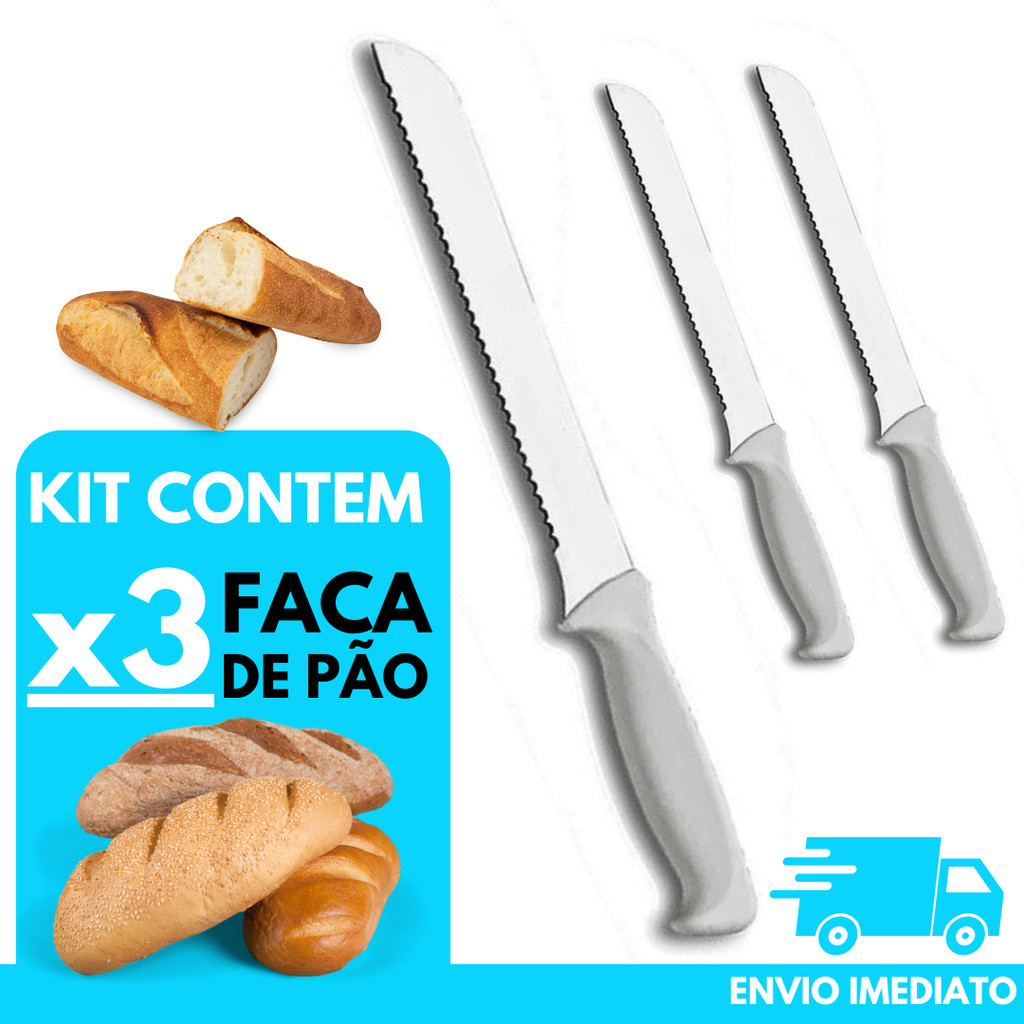 Faca De Serra Inox Kit 3 Peças Grande Para Cortar Pão Bolo Serrilhada ...