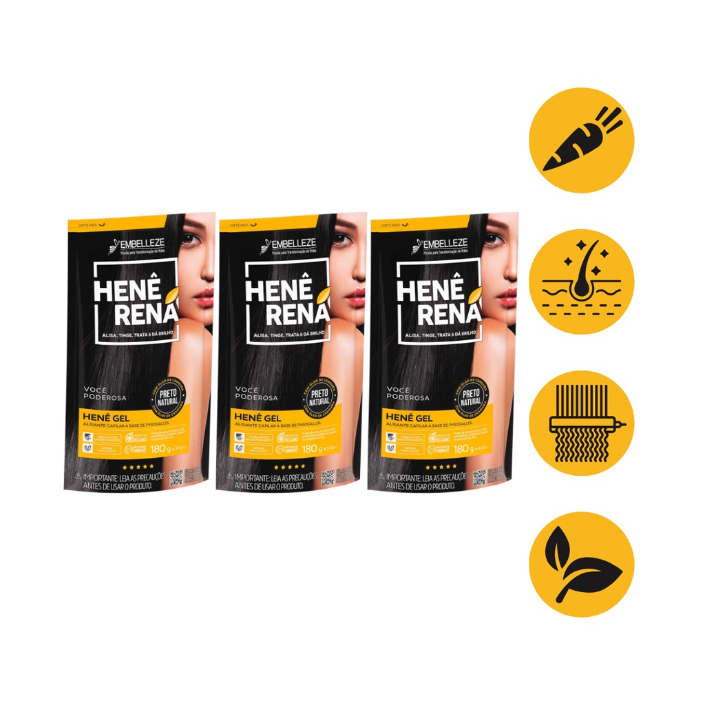 Kit 3 Rena Hene Tonalizante Capilar Natural 180g Embelleze | Shopee Brasil