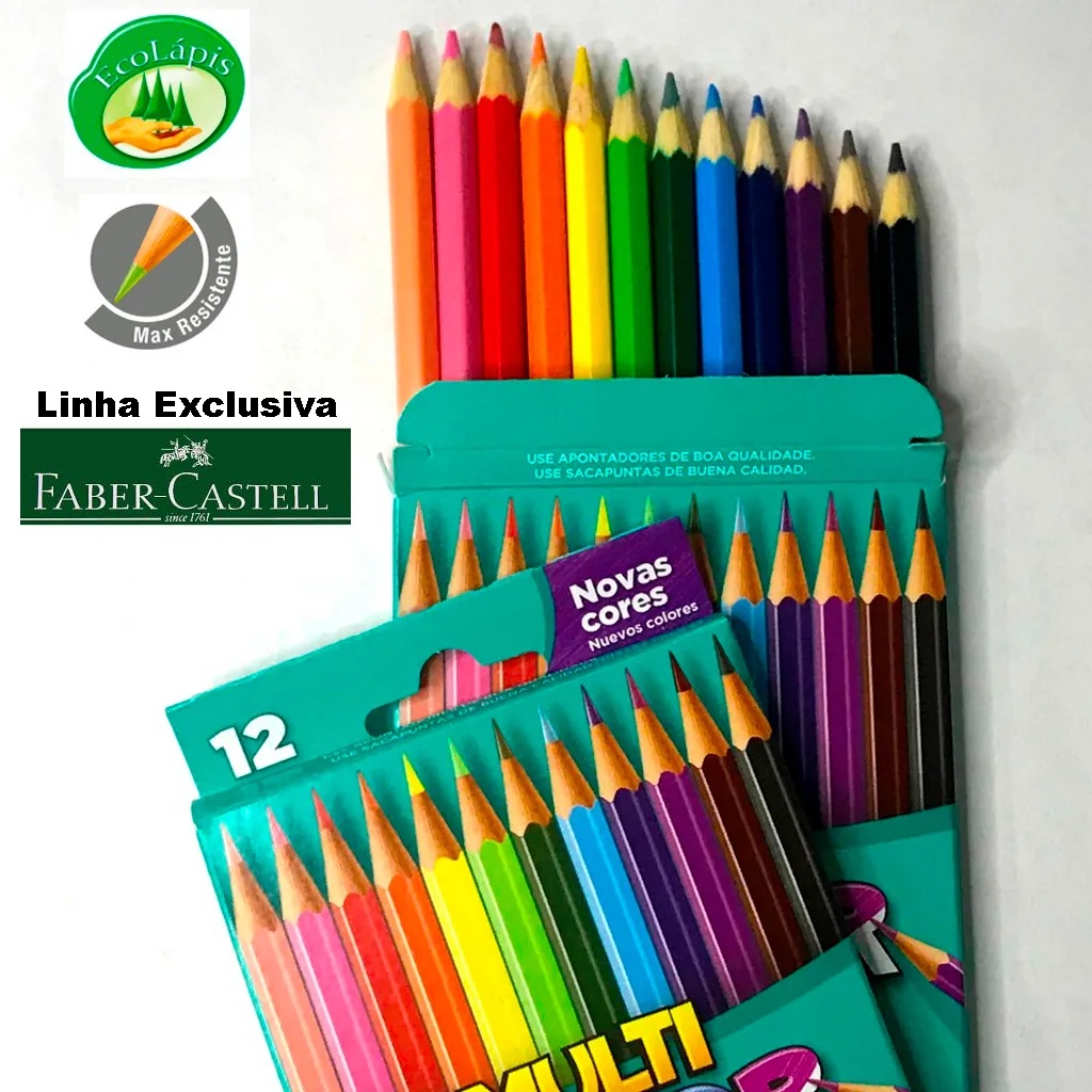 KIT LAPIS DE COR 12 MULTICOLOR + 2 LAPIS ESCREVER PRETO GRAFITE FABER ...
