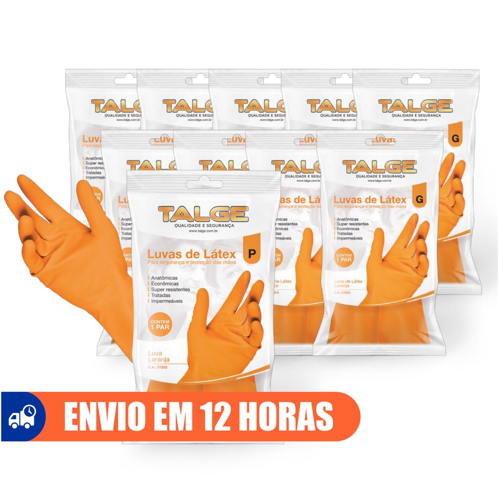 Luva de Limpeza Laranja Látex Kit 10 Pares Antiderrapante Talge ...