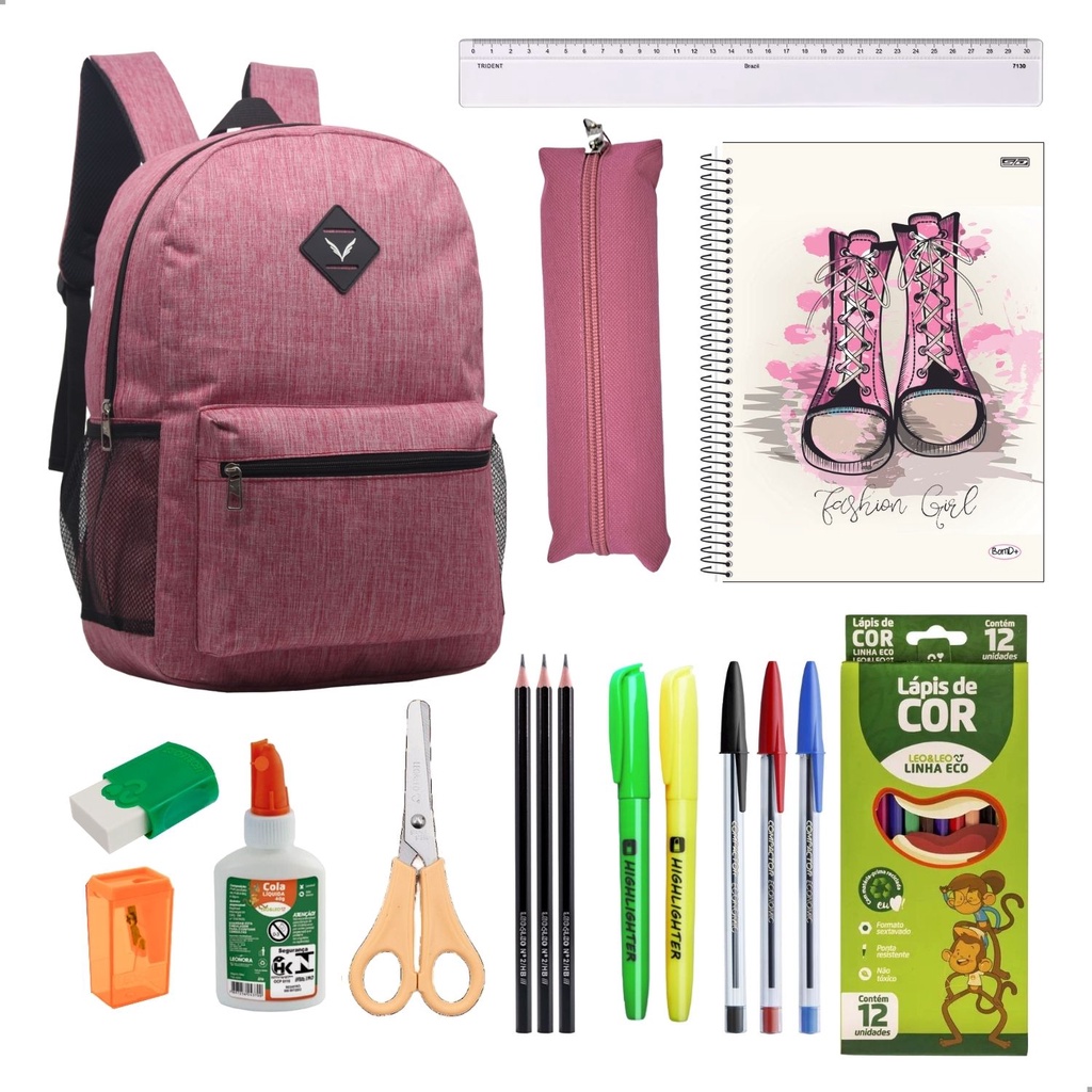 Kit Material Escolar Mochila Estojo Caderno Lapis Cola Caneta Feminino ...