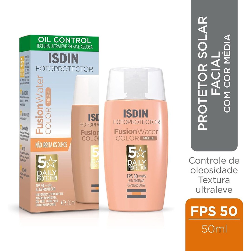 ISDIN Fusion Water 5 Stars Color Protetor Solar Facial FPS 50 50ml – Cor Média | Shopee Brasil