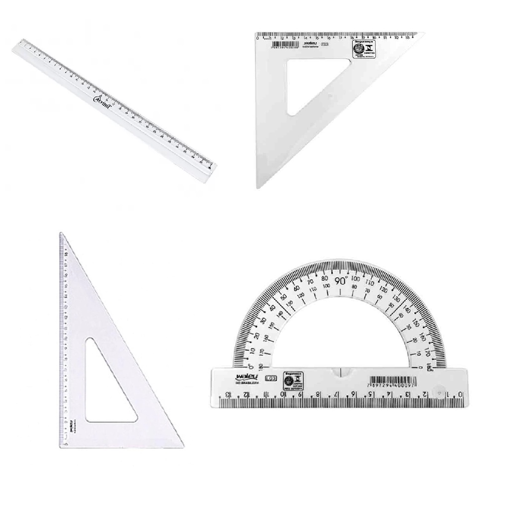 Kit Geometria 4 peças Régua Transferidor 180º e Esquadros | Shopee Brasil