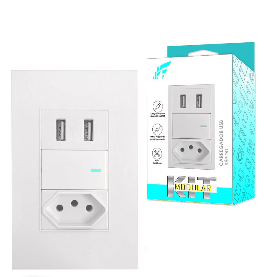Tomada USB Parede Com 1 Tomada Energia 10A e Modulo USB de Parede ...