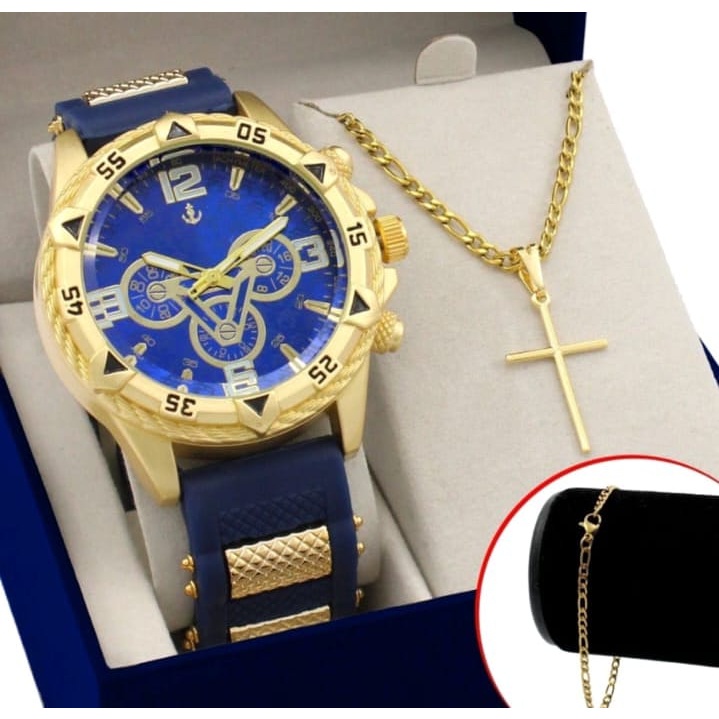 Relogio Original Masculino Banhado 18k Fundo Azul | Shopee Brasil