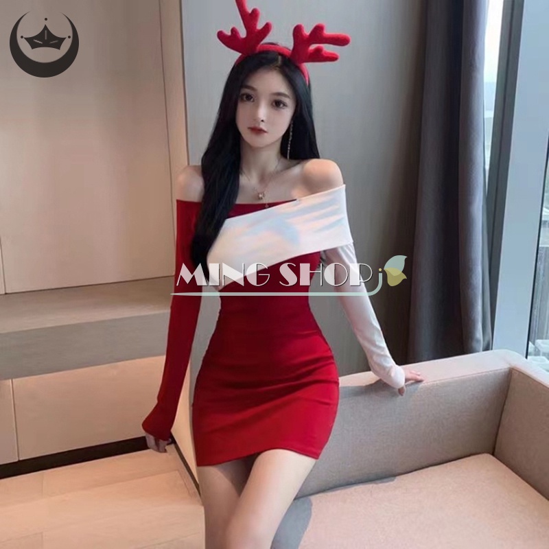 MING Vestidos De Contraste De Cor Feminino Natal Festa Oferta De Ombro Slim Fit Mini Vestido TH ...