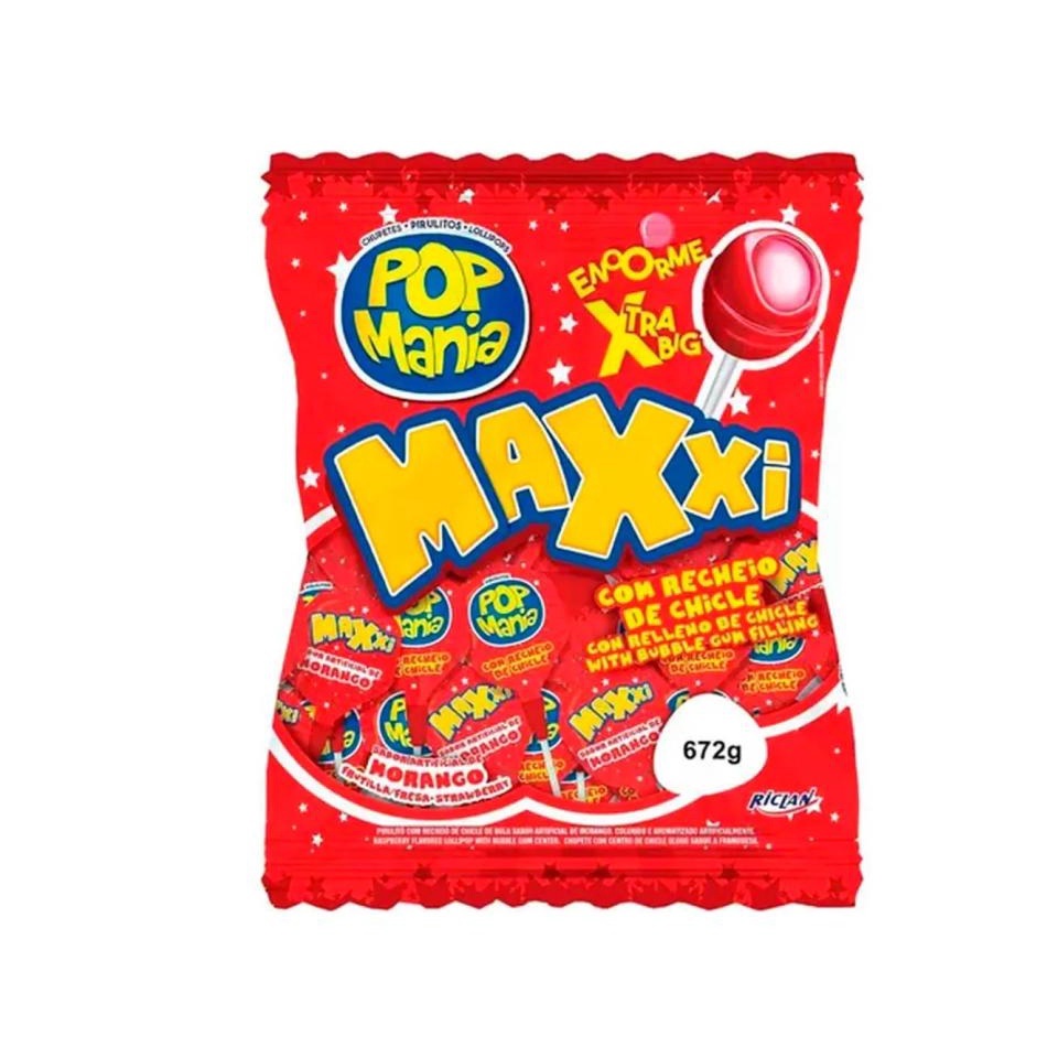 Pirulito Chicle Pop Mania Maxxi Morango C/24 Unid - 672g | Shopee Brasil