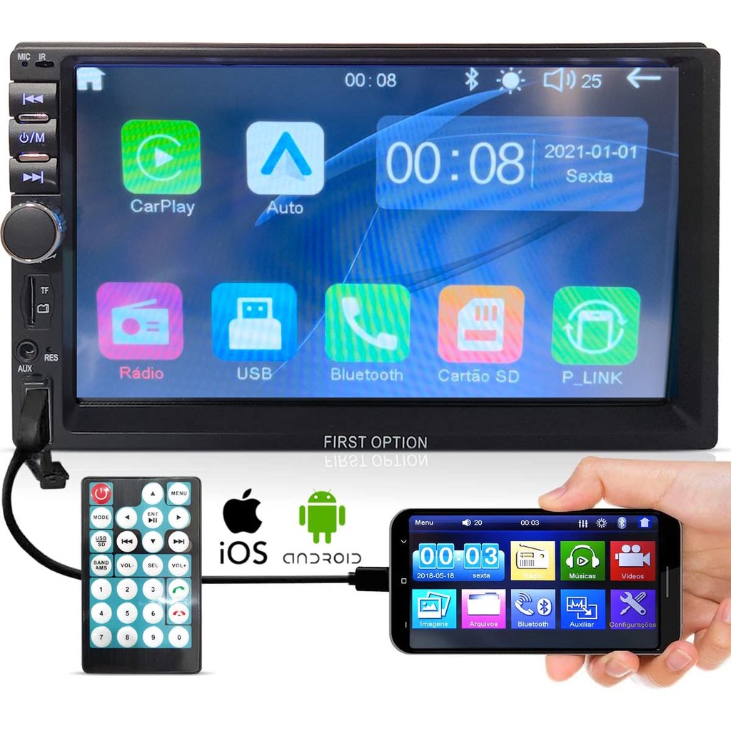 Central Multimídia MP10 7 Pol Carplay AndroidAuto USB BT FM - First Option 7810HCPAA | Shopee Brasil