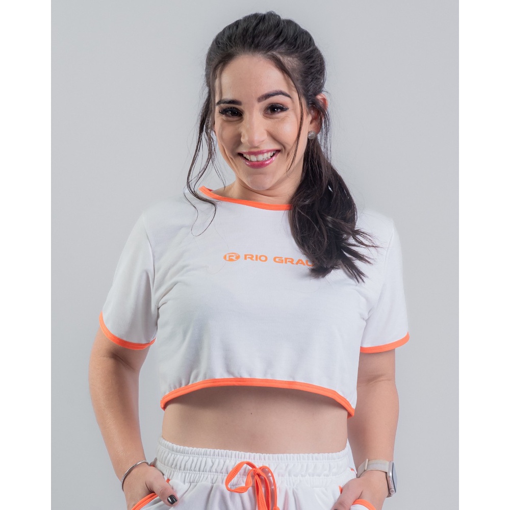 Cropped Fitness Academia dia a dia para treino Moletinho Manga Curta Branco e Laranja | Shopee ...