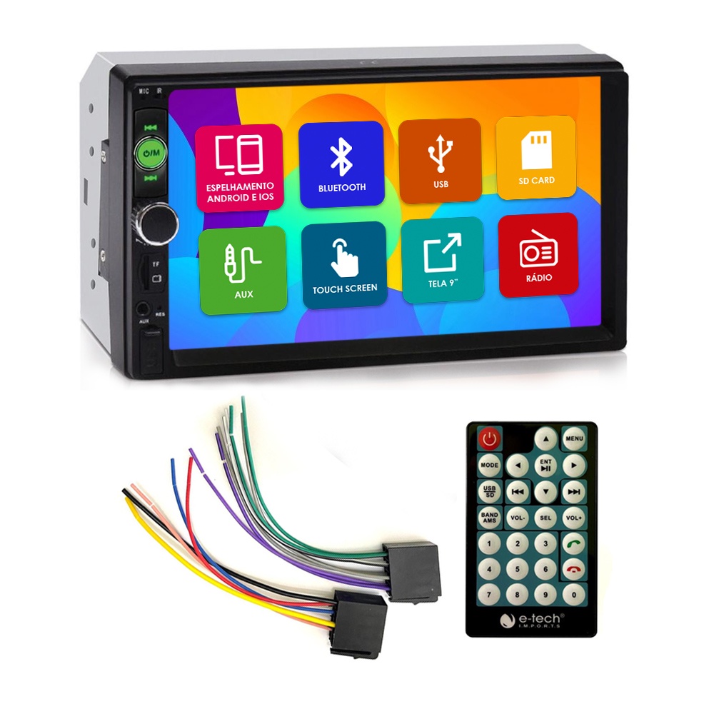 Central Multimidia 2 Din 7 Polegadas E-Tech Light Espelhamento Android IOS Bluetooth Usb Botão ...