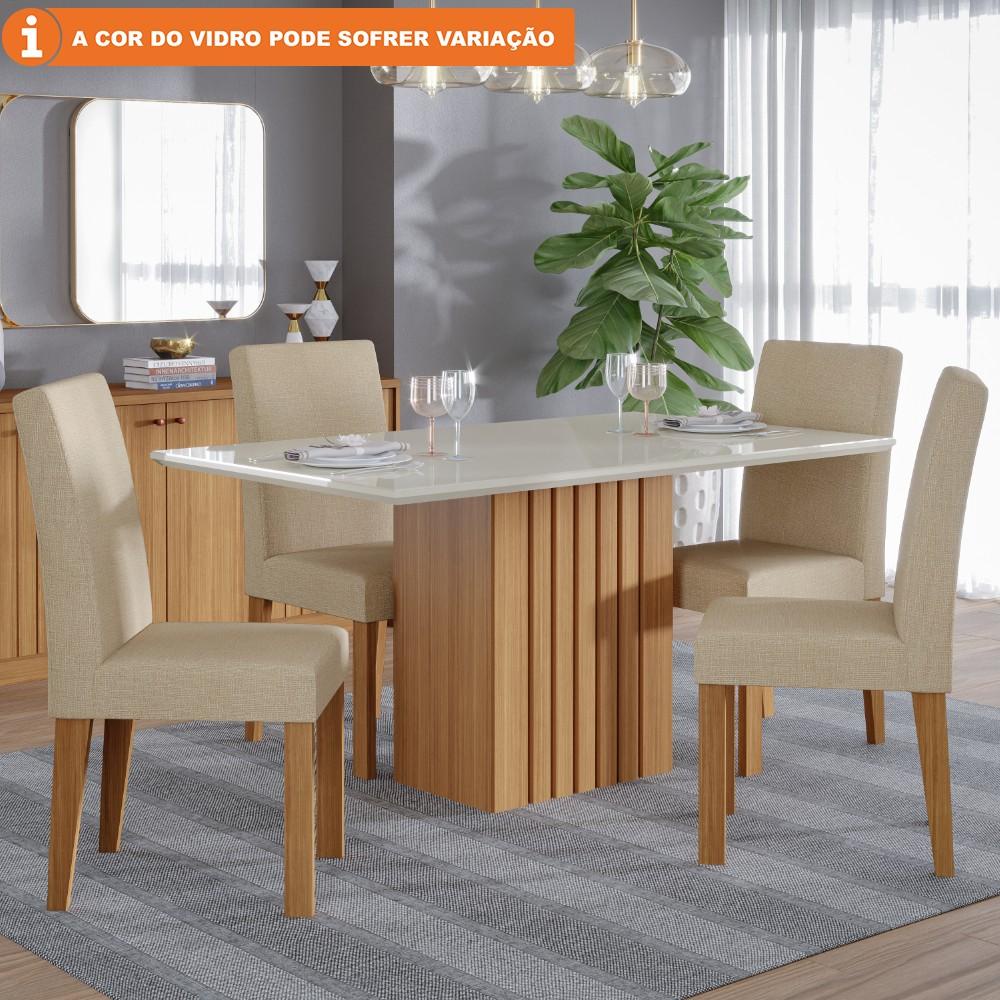 Conjunto Sala de Jantar Ana 130X80 Tampo em MDF/Vidro 4 Cadeiras Maia Cimol Nature Off White ...