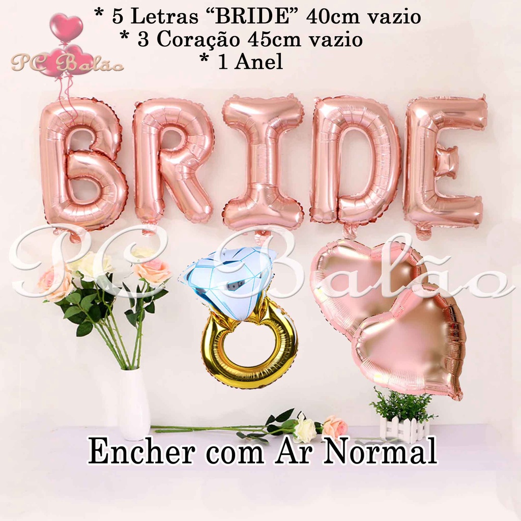 Kit 8 Balão Metalizado Letras BRIDE 40cm + 2 Coração 45cm + Anel 35cm ...