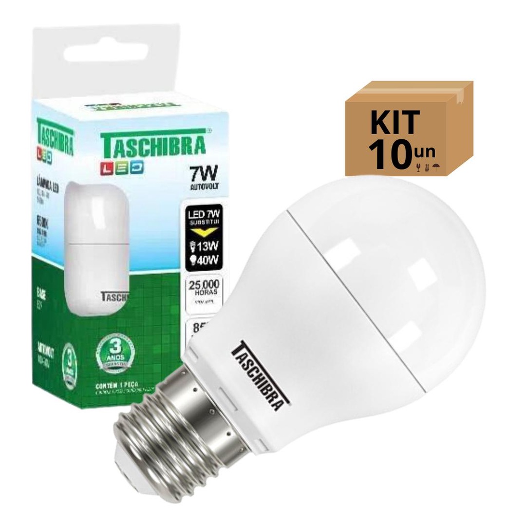Kit 10 Lâmpadas Bulbo Led Taschibra TKL Bivolt E27 7W 6500k | Shopee Brasil