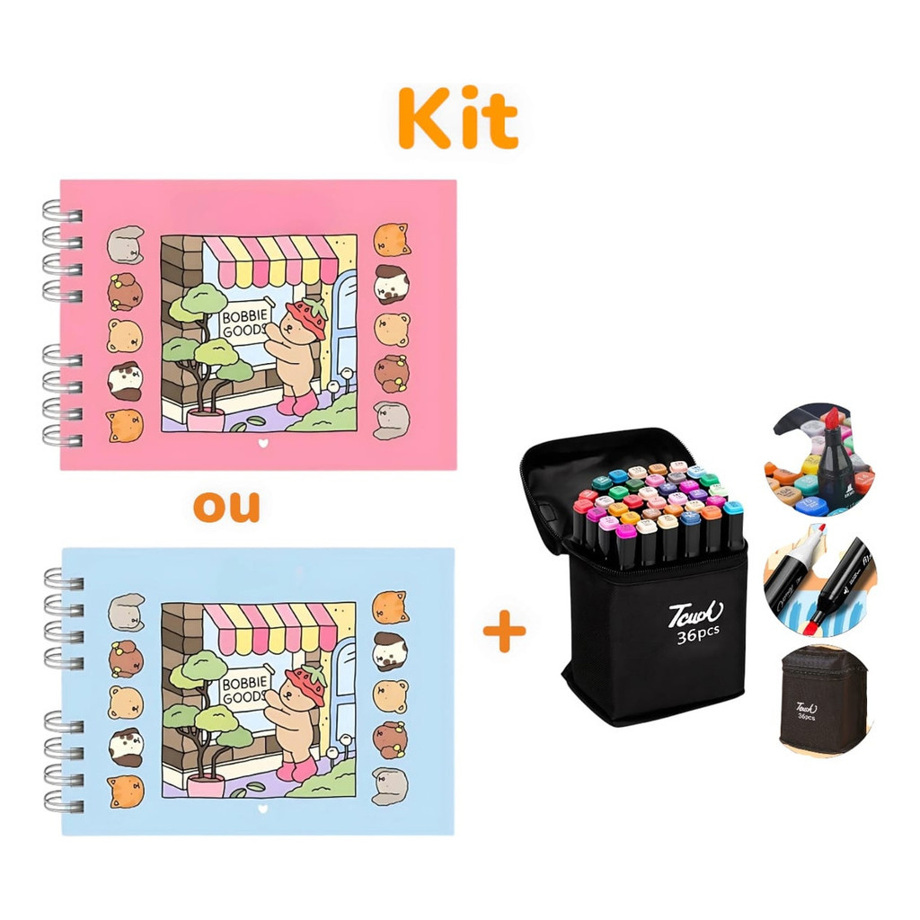 Bobbie Goods Capa Dura 50 Páginas + Canetinhas Ponta Dupla Marca Texto ...