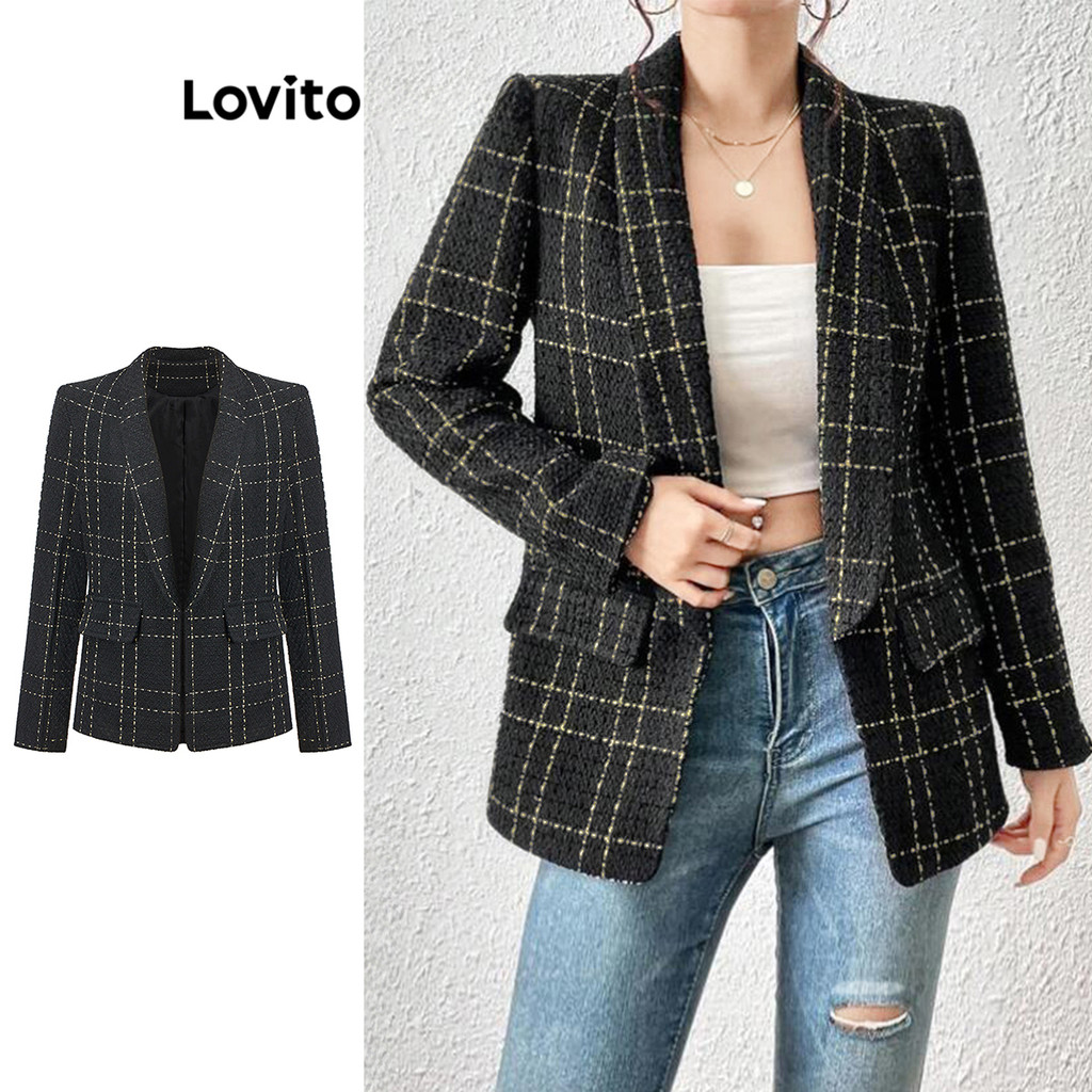 Lovito Elegante Blazer Feminino Xadrez com Forro Básico L65ED065 (Preto e Branco) | Shopee Brasil