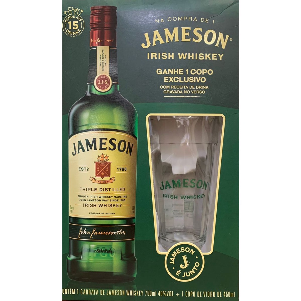 Kit Whisky Jameson Triple Distilled Irish 750ml Com Copo de Vidro de ...