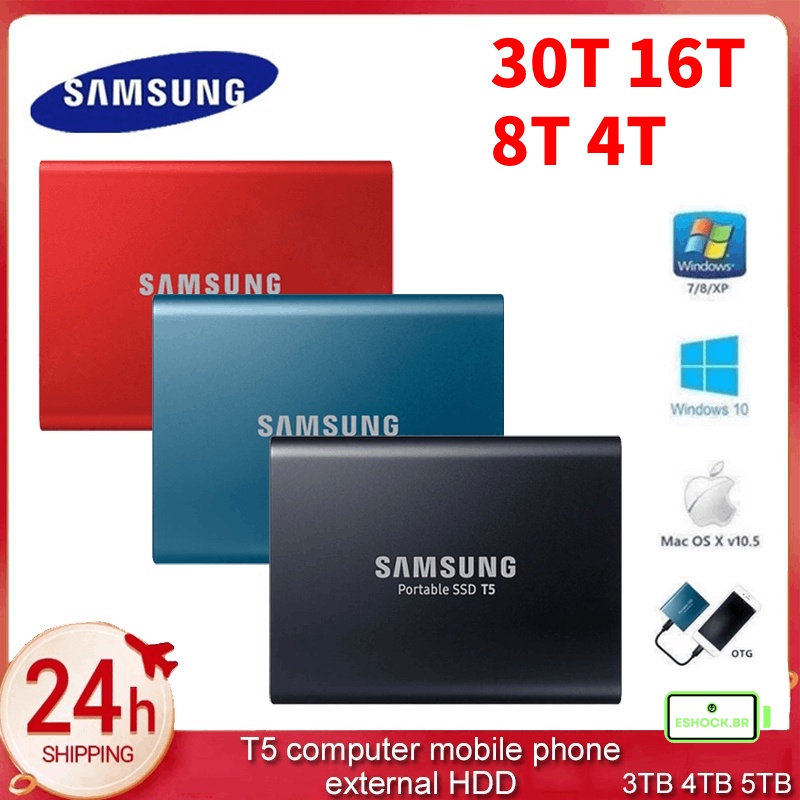 Samsung T5 SSD 30TB/16TB/8TB/4TB USB 3.1 Tipo HD Adaptador Externo 1TB/2TB/500GB Disco Rígido ...