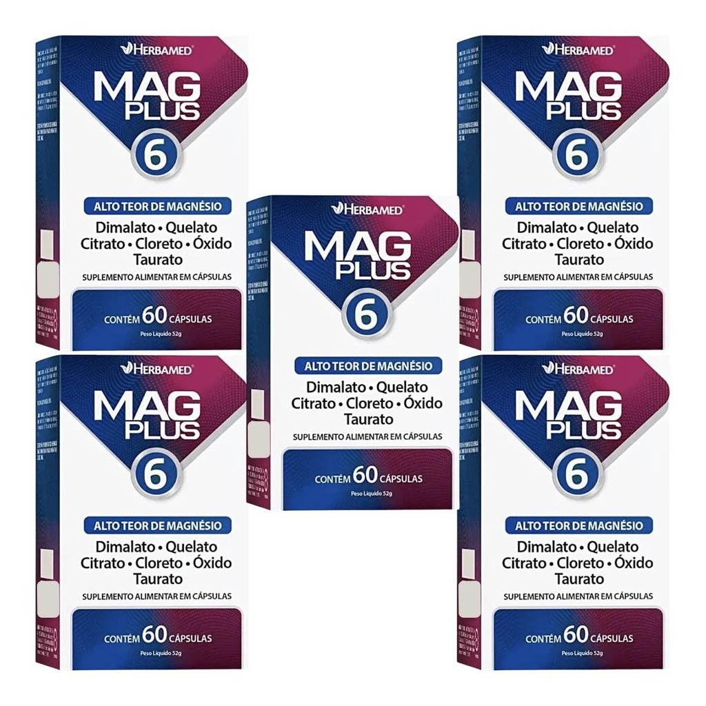 Mag Plus 6 Alto Teor De Magnésio Kit 5 Caixas 60 Cáps Cada | Shopee Brasil