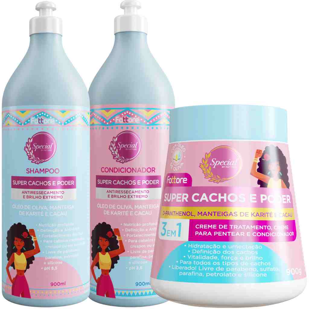 Kit Super Cachos e Poder (3un) Shampoo e Condicionador Fattore Special ...