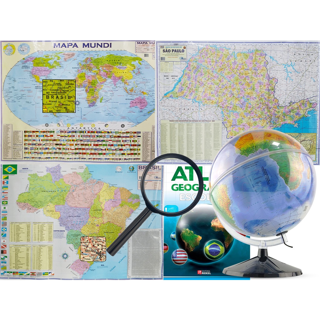 Kit Globo Terrestre Profissional Mondo 30cm + Lupa + Mapa do Brasil ...