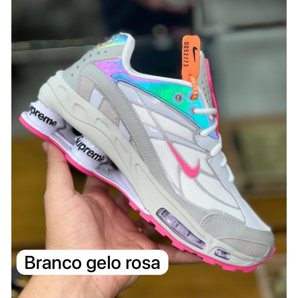 tenis nike 4 molas feminino supreme branco rosa camaleão refletivo ...
