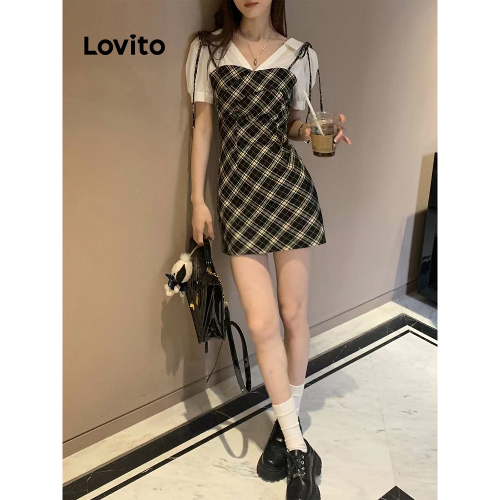 Lovito Vestido Feminino Formal Xadrez Colorblock Y2K LNA20195 (Preto ...