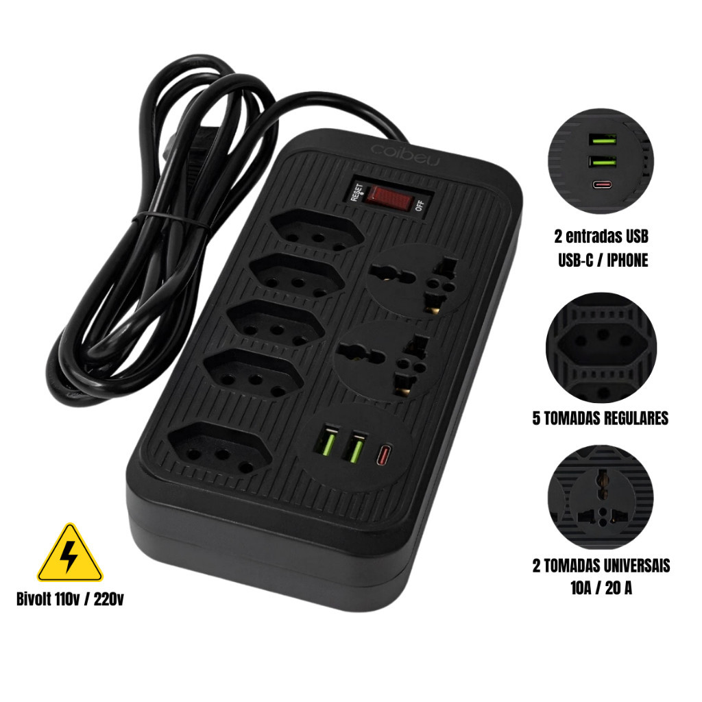 Extensão Tomada 2m Com 5 tomadas de energia 2 tomadas universal 2 USB 1 Tipo-C Bivolt Power ...