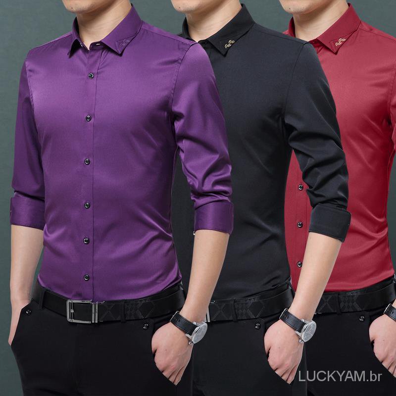 Formal Wear Thin Long-Sleeved Shirt Men's Ice Silk Shirt Black Business ...