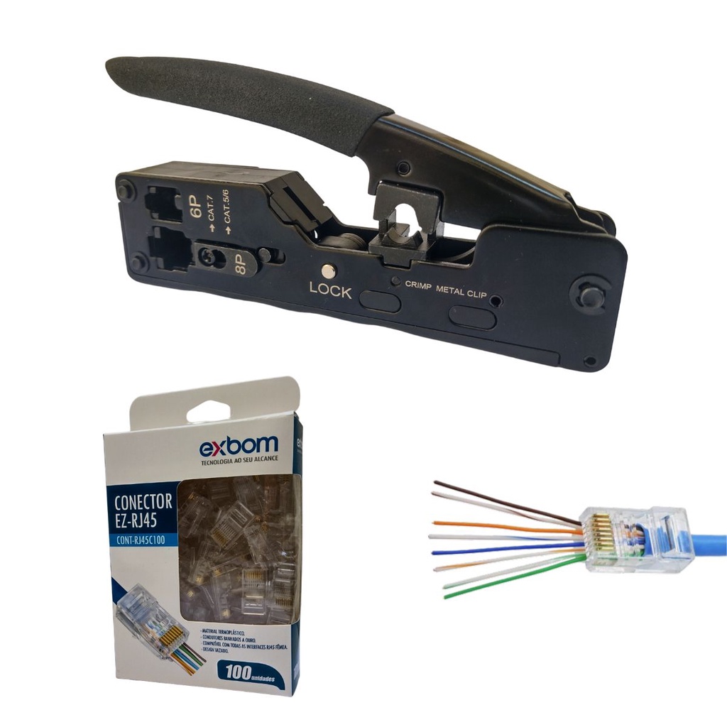 Alicate Crimpagem Cabo Rede RJ45 + 100 Conector RJ45 Vazado | Shopee Brasil