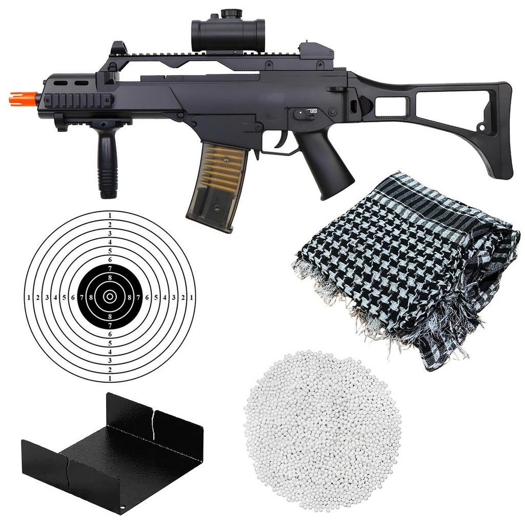 Kit Rifle Airsoft Elétrico Full Auto G36C M85 6mm Preta Double Eagle+Esferas+Alvo+Porta Alvo ...