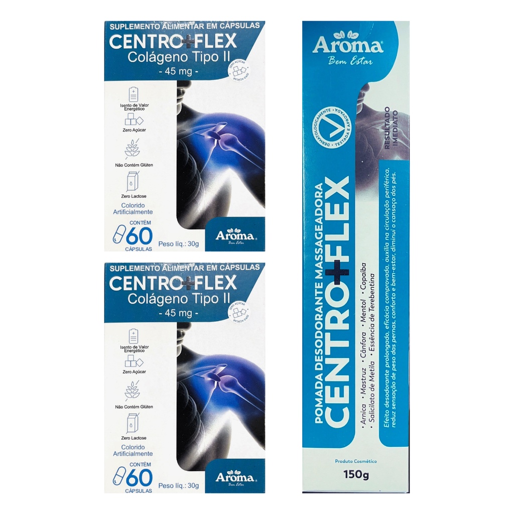 Kit Colágeno Tipo 2 Centro Flex 45mg 2 unidades + 1 Pomada Massageadora ...