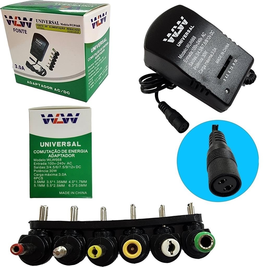 Fonte de Alimentacao Universal 3.0A Regulavel 6 Plugs 30W | Shopee Brasil