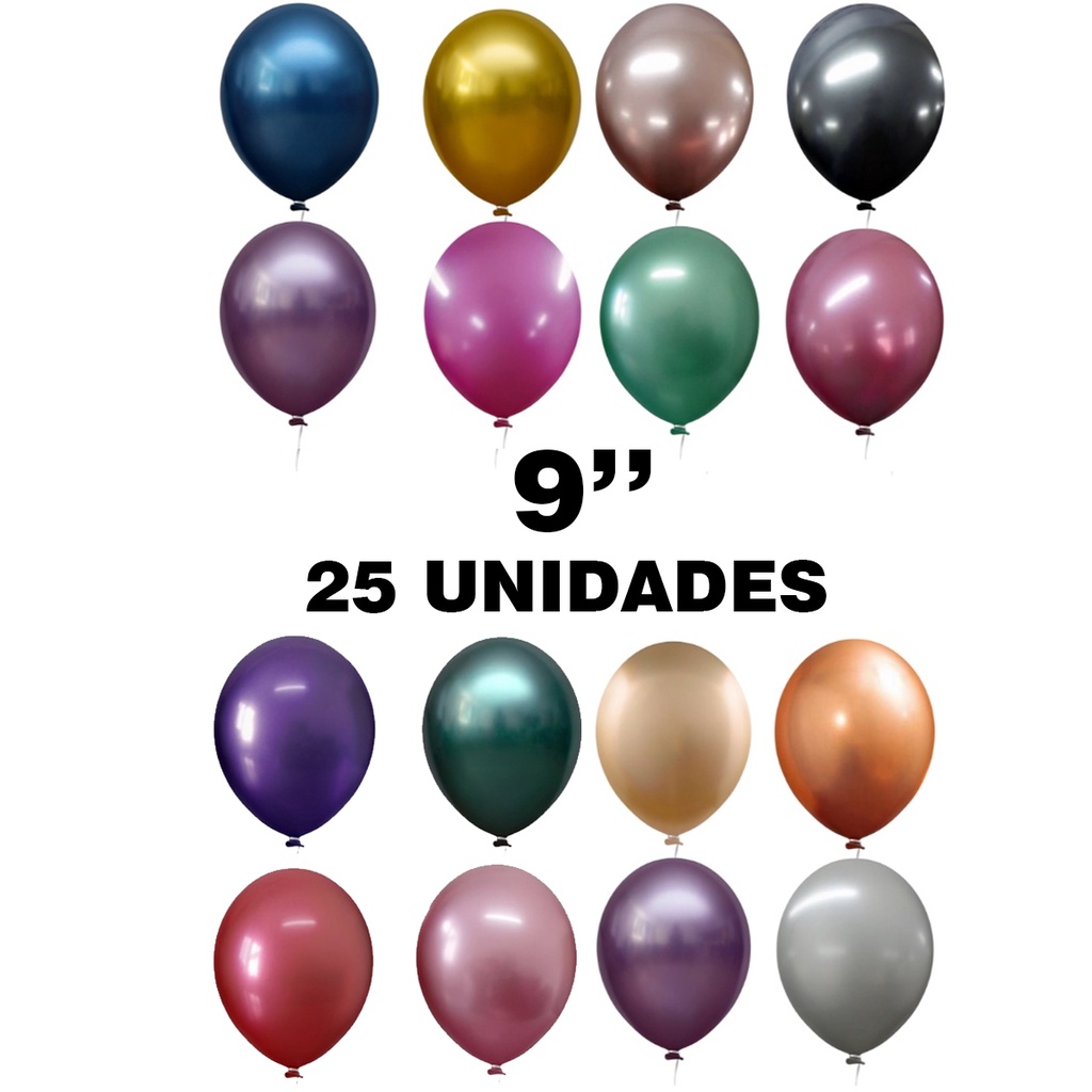 Balão Bexiga 9 Polegadas 25 Unidades Metalizado Alumínio Cromado | Shopee Brasil