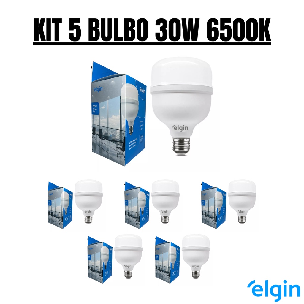 KIT 5 Lâmpada Bulbo Led 30w Bivolt 6500K E27 - ELGIN | Shopee Brasil