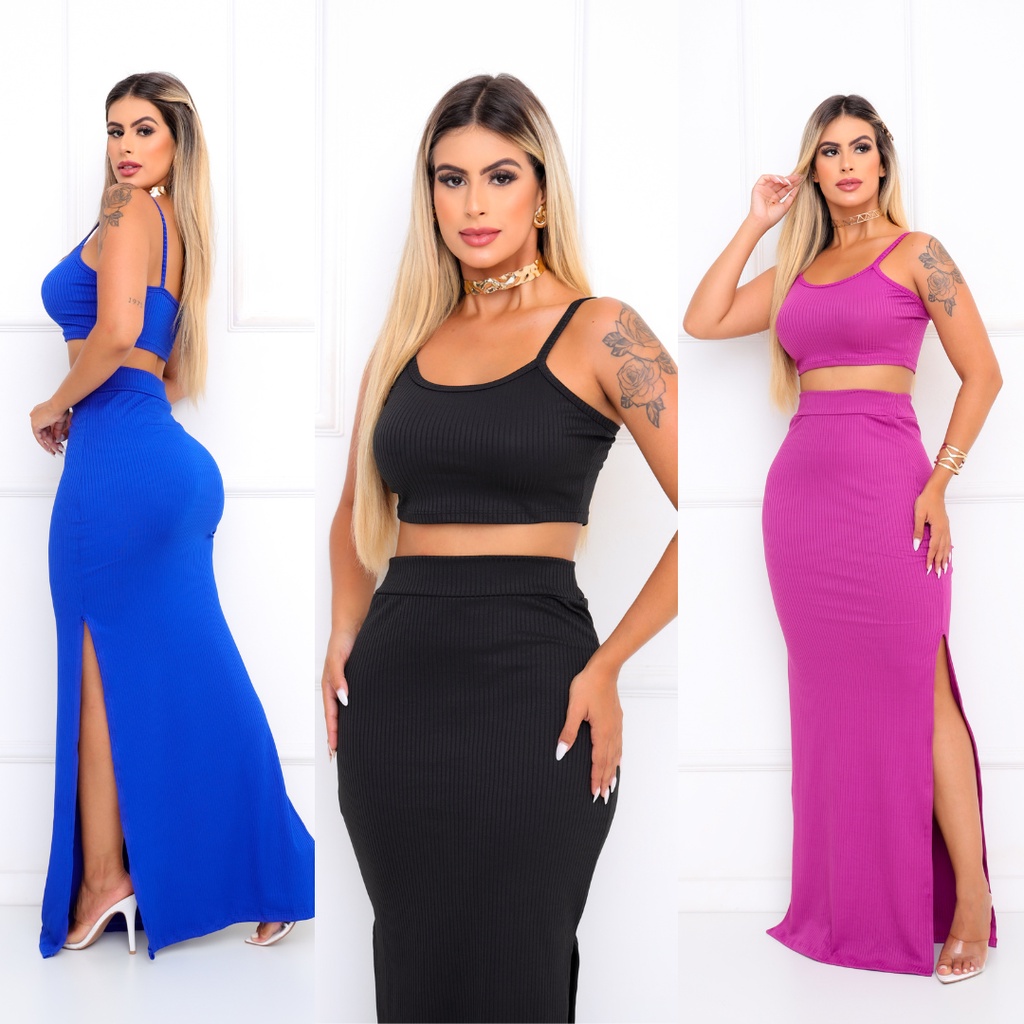 Conjunto Elegante Básico Com Alças Finas Cropped e Saia Longa Com ...