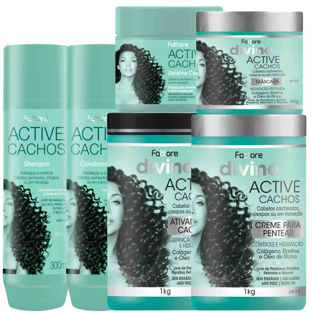 Kit Active Cachos Fattore 6 Itens Shampoo, Condicionador, Máscara, Gelatina, Ativador e Creme de ...
