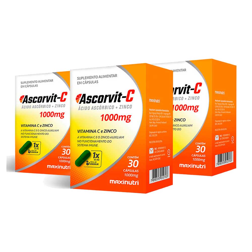 Kit 3 AscorVit Vitamina C com Zinco 30 Cápsulas Maxinutri | Shopee Brasil