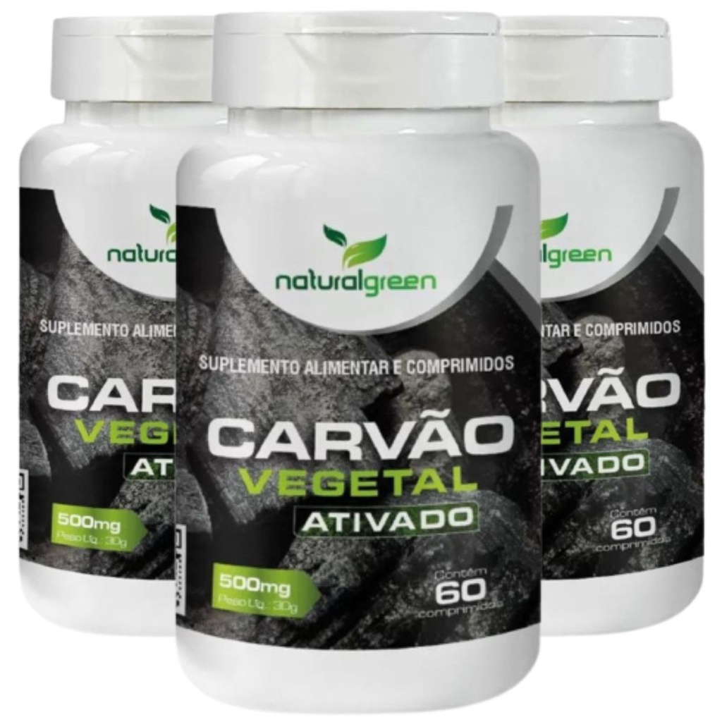 Kit 3 Potes Carvão Vegetal Ativado 500mg Puro Original 180 Comprimidos ...