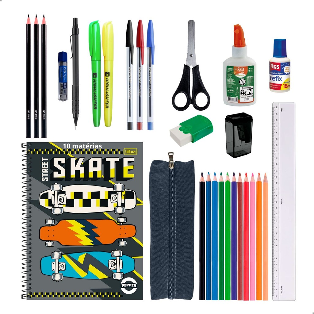 Kit Material Escolar Caderno Estojo Caneta Marcador Lapis Masculino ...