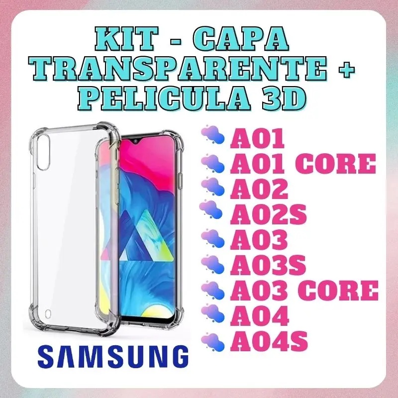 Kit Case Capa Capinha Transparente + Película Vidro 3D para Samsung Galaxy A01/A01 Core/A02 ...