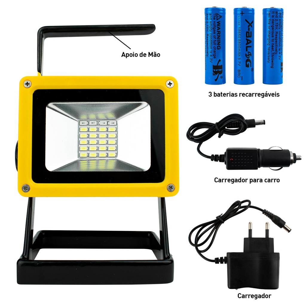 Refletor Portátil Led Recarregável 20 Leds 100w Holofote Branco Ip65 ...