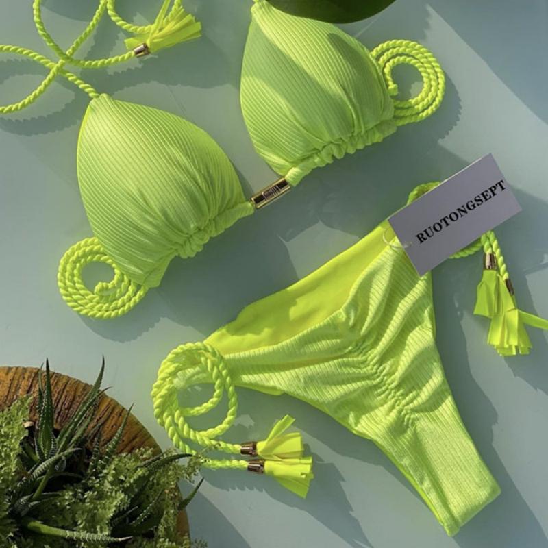 Biquíni Sexy Feminino Separado Cor Sólida Trançado Multicolorido