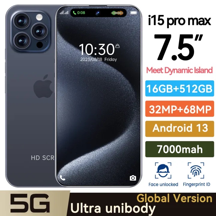 Novo 2023 i15 Pro Max Smartphone Android 6.7-Polegadas Tela Inteira Reconhecimento Facial 256GB ...