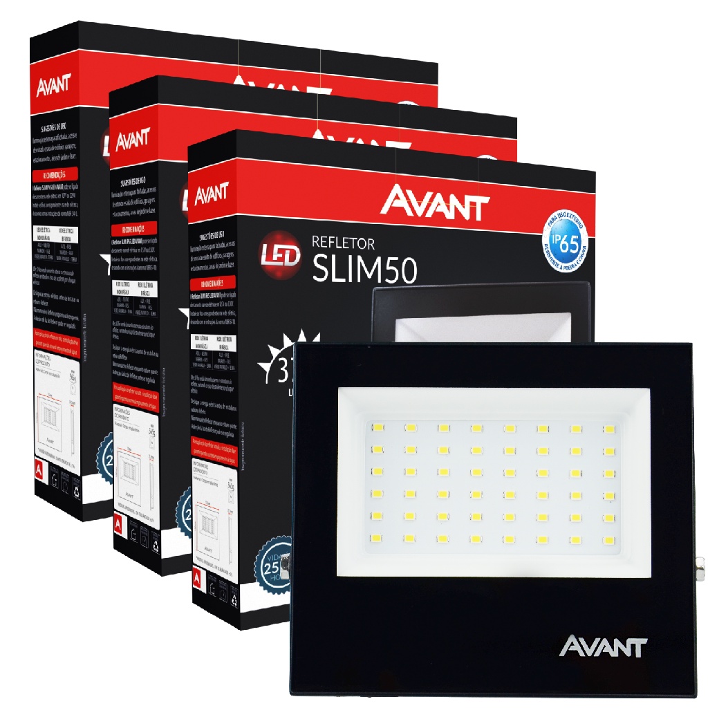 kit 3 Refletor Led 50W Branco Frio 6500k Resistente água Holofote Slim50 Avant | Shopee Brasil