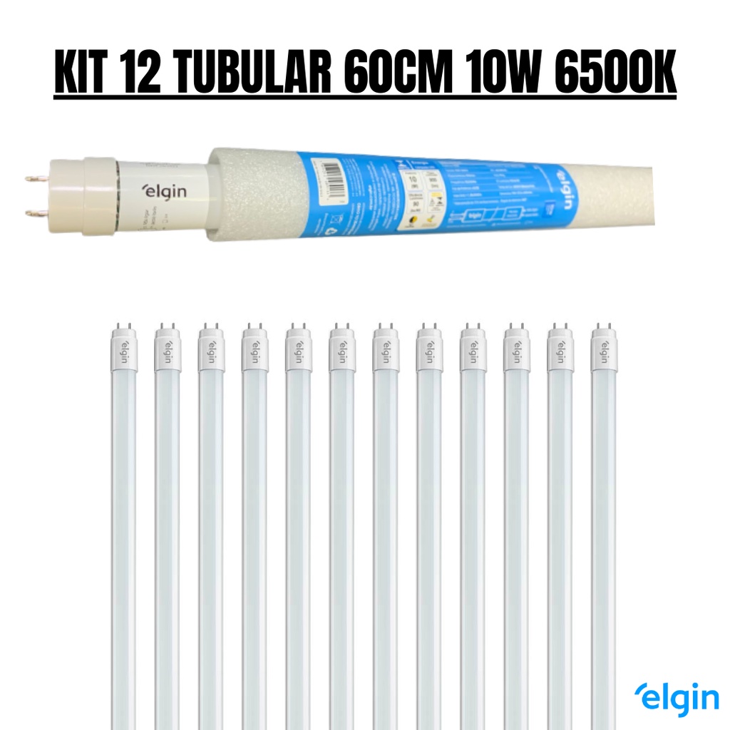 KIT 12 TUBULAR T8 10W 60CM 6500K - ELGIN | Shopee Brasil