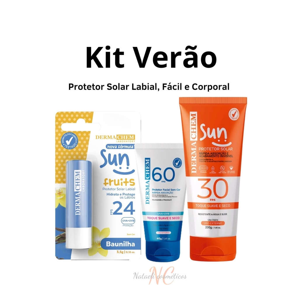 Kit Praia Completo Dermachem Protetor Solar FPS 30 Protetor Facial FPS ...