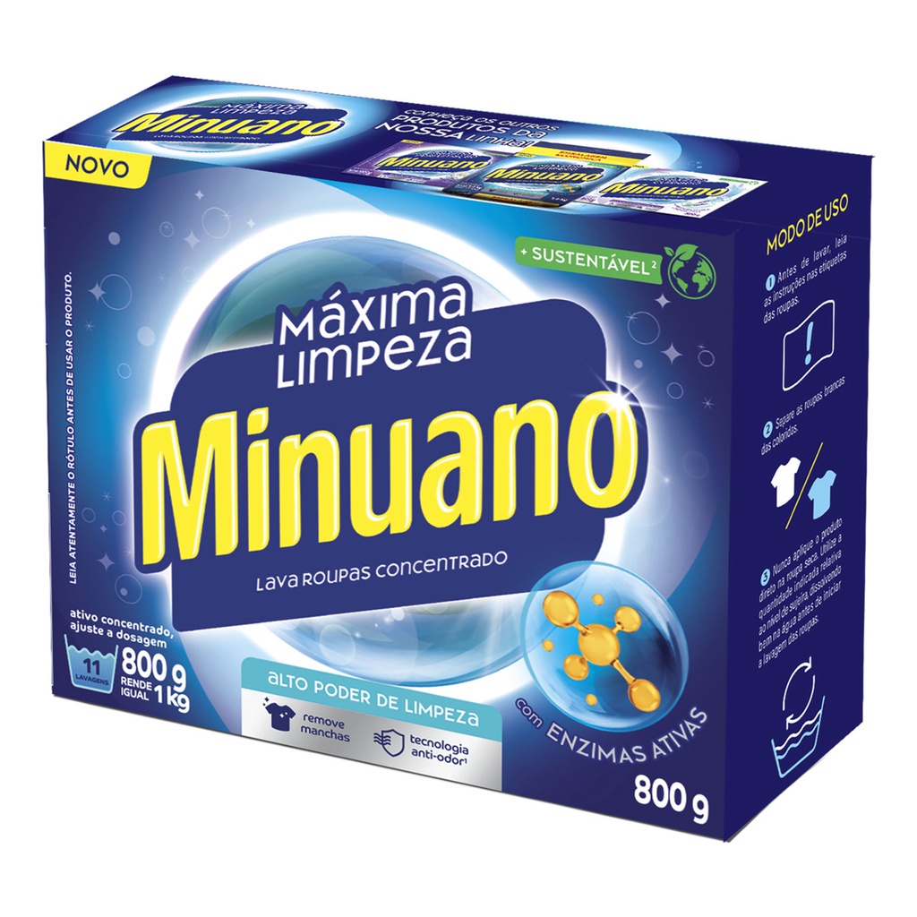 Sabão Em Pó Minuano Máxima Limpeza Concentrado 800g - 03 Unidades ...