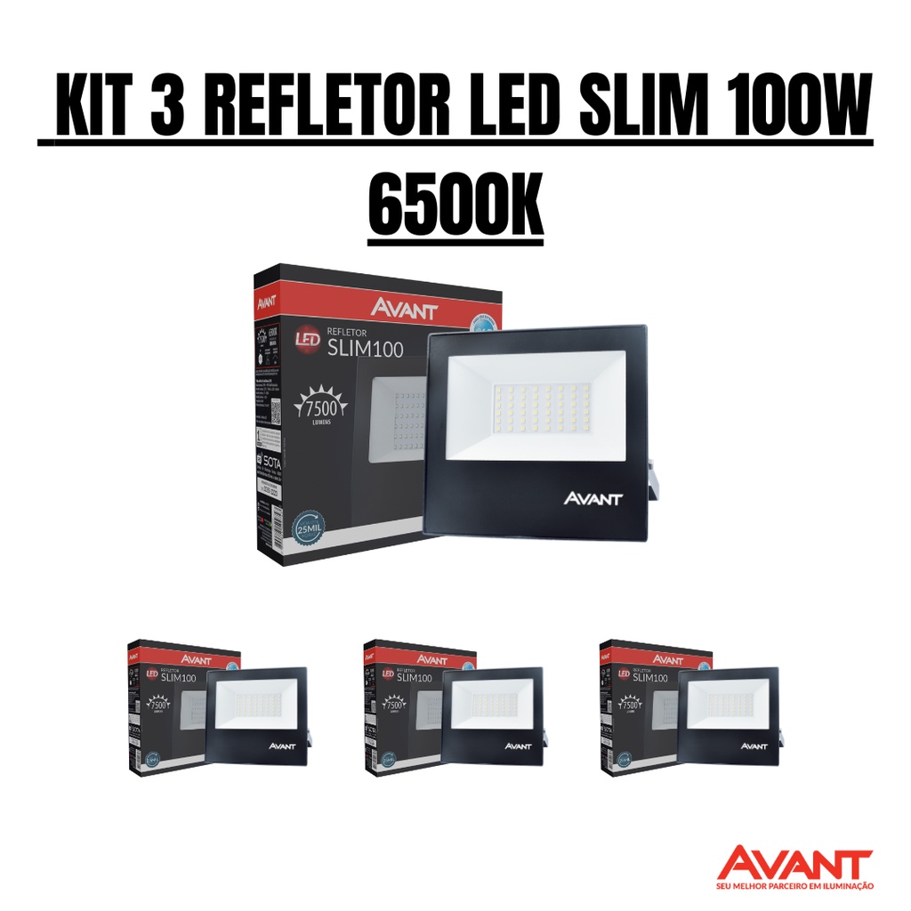 KIT 3 Refletor Avant Super Led 100w Holofote Bivolt Branco Frio 6500k | Shopee Brasil
