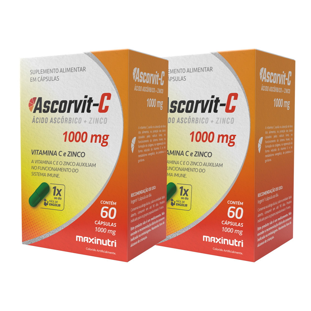 Kit 2 AscorVit C 1000mg Vitamina C + Zinco 60 Cápsulas Maxinutri | Shopee Brasil