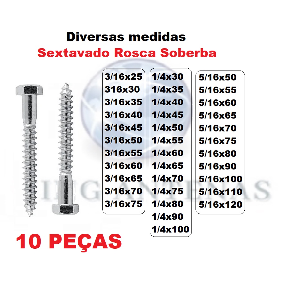 Parafuso Sextavado Rosca Soberba 3/16 - 1/4 - 5/16 - 10 PEÇAS | Shopee ...